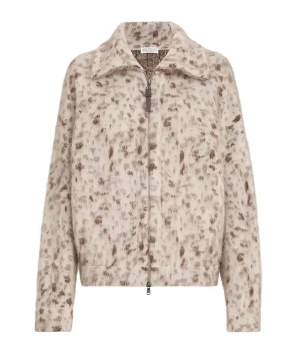 Brunello Cucinelli Lynx Jacquard Cardigan In Mohair And Wool With Shiny Zipper Pull - Light Yellow