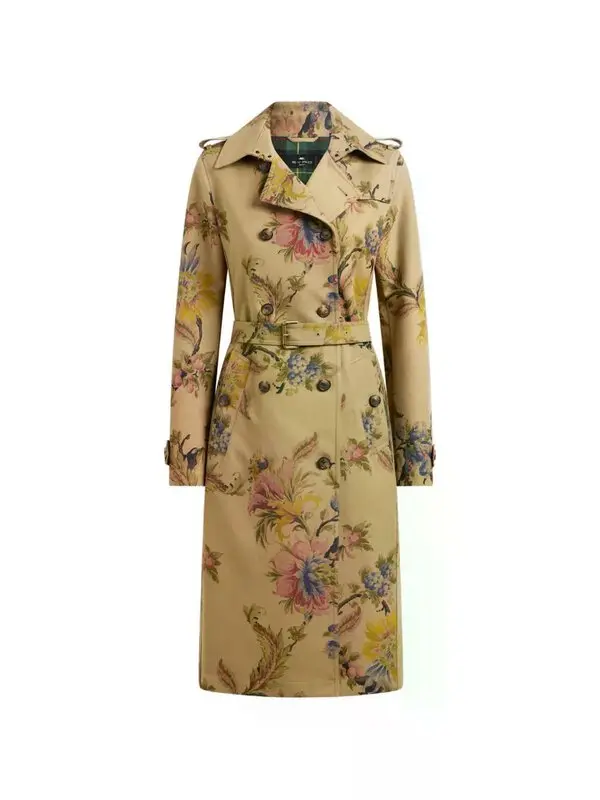 Etro Cotton Gabardine Trench Coat With Floral Motif - Neutrals