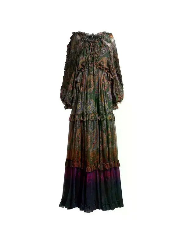 Etro Long Silk Dress With Ruffles And Placed Degradé Paisley Print - Green