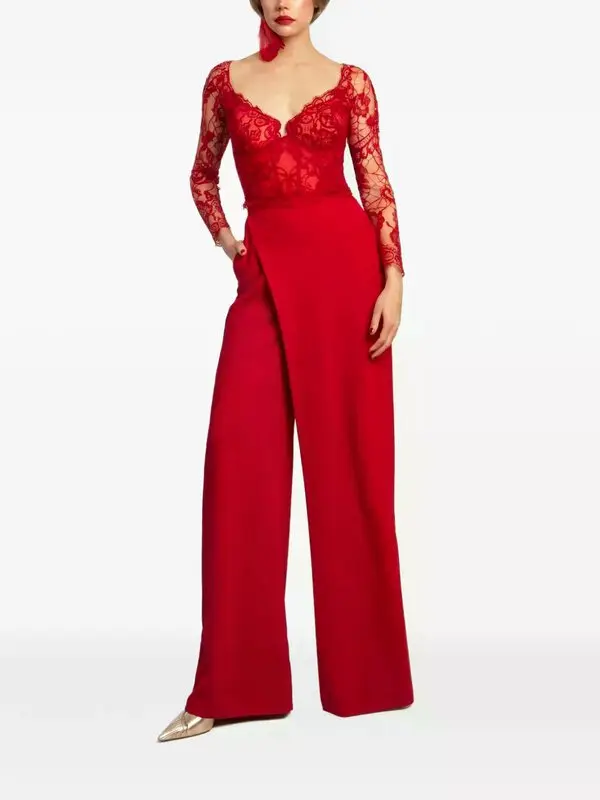 GEMY MAALOUF Lace-embroidered V-neck Top - Red