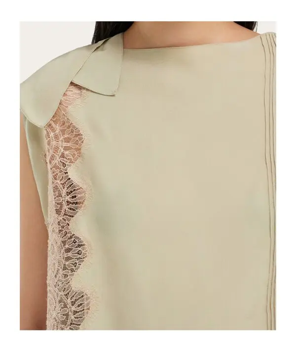 FERRAGAMO Sleeveless Silk Top With Lace Inserts - Burnt Sage
