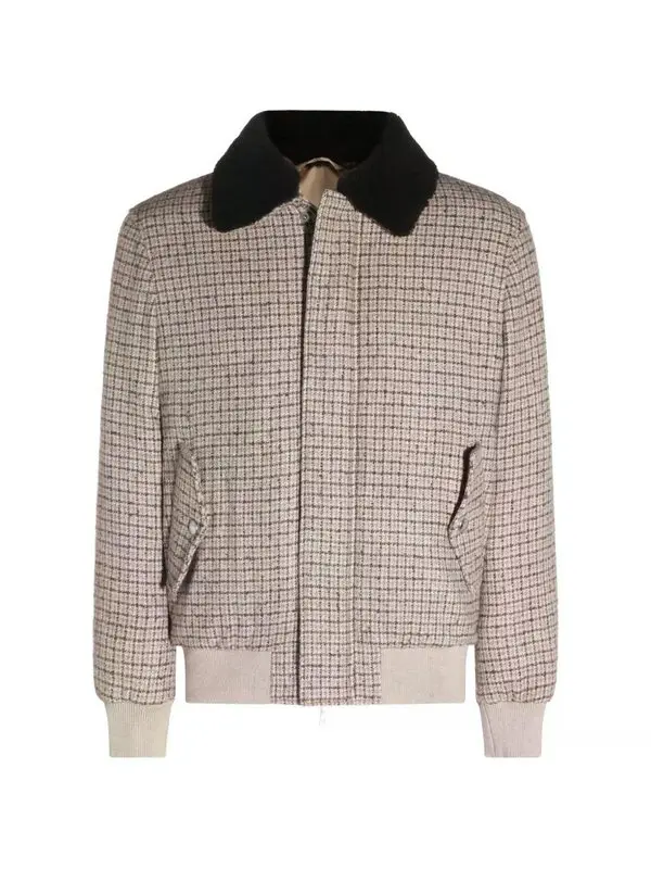 Eleventy Checked-pattern Shearling-collar Jacket - Neutrals