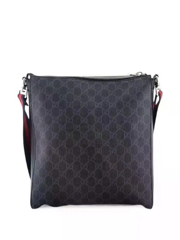 Gucci Web Strap Front Zip Messenger Bag Gg Coated Canvas Medium Crossbody Bag - Black