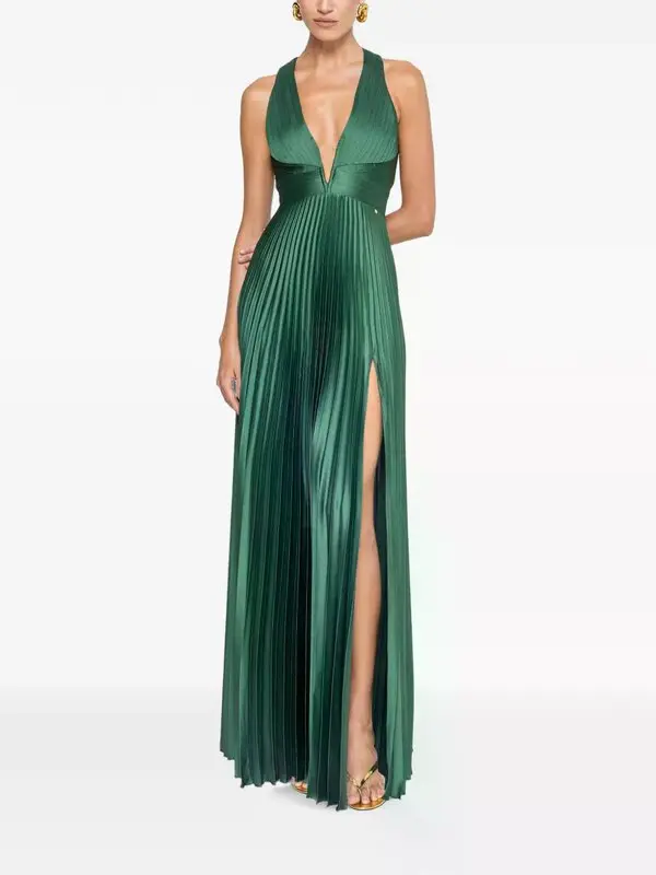 NISSA Pleated Satin Maxi Dress - Green