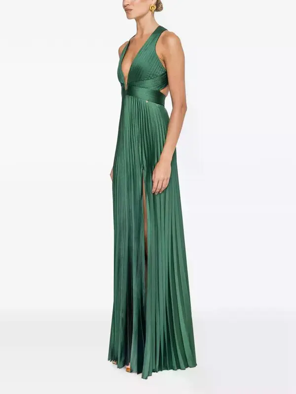 NISSA Pleated Satin Maxi Dress With V-neck And Crossover Straps