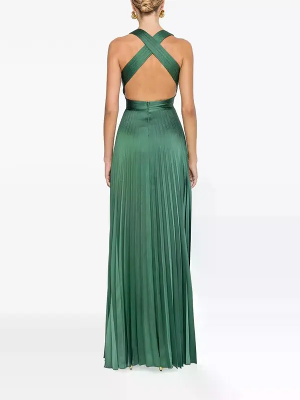 NISSA Pleated Satin Maxi Dress With V-neck And Crossover Straps