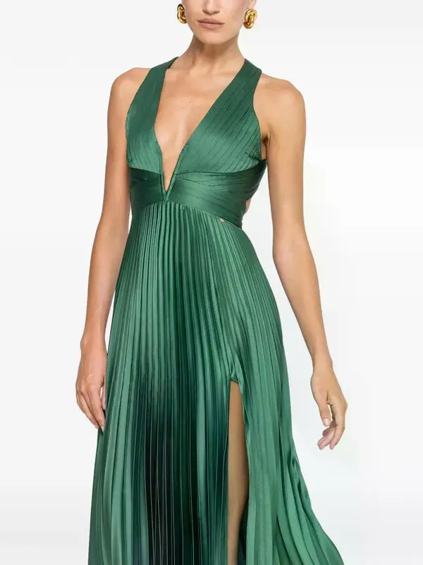 NISSA Pleated Satin Maxi Dress With V-neck And Crossover Straps