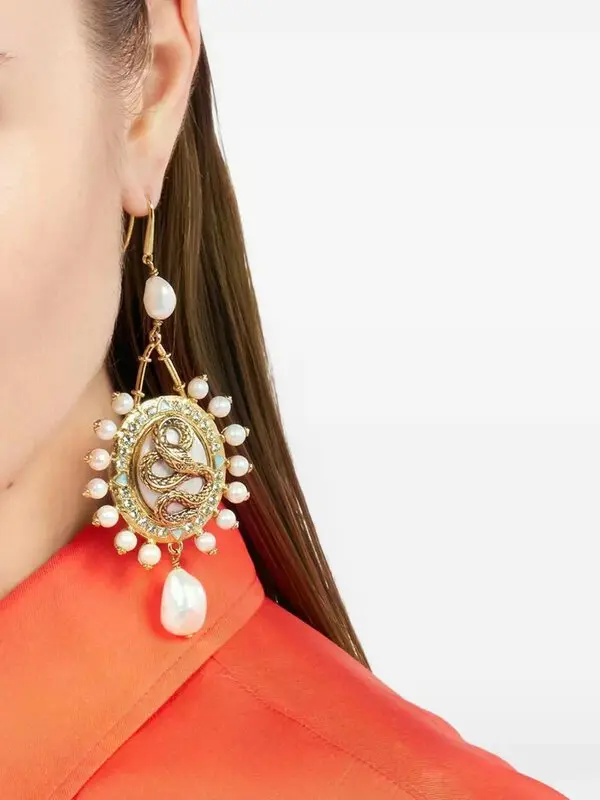 Roberto Cavalli Snake Motif Pearl-embellished Drop Earrings