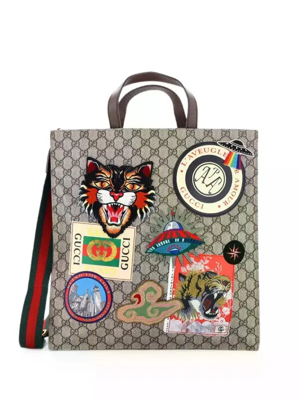 Gucci Courrier Convertible Soft Open Gg Coated Canvas With Applique North South Tote Bag - Brown