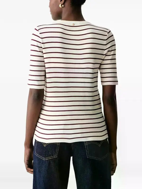 MOS MOSH Striped Short-sleeve Knit Top With Logo Plaque