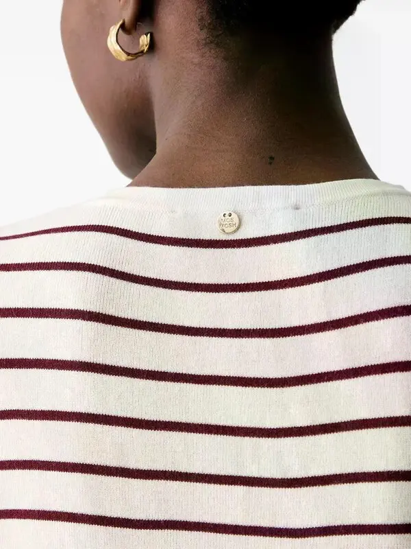 MOS MOSH Striped Short-sleeve Knit Top With Logo Plaque