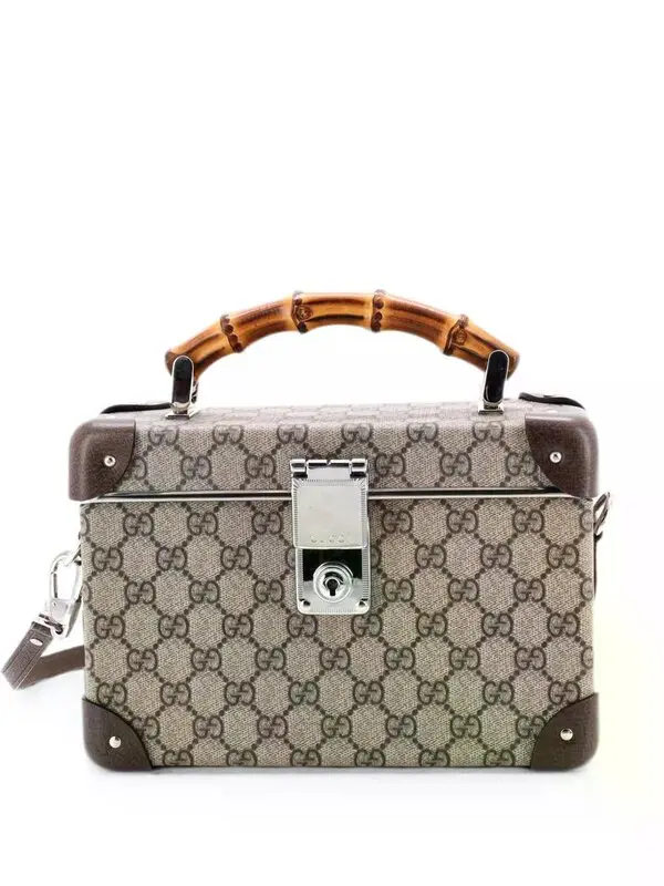 Gucci Bamboo Globe-trotter Vanity Case Gg Coated Canvas Satchel - Brown