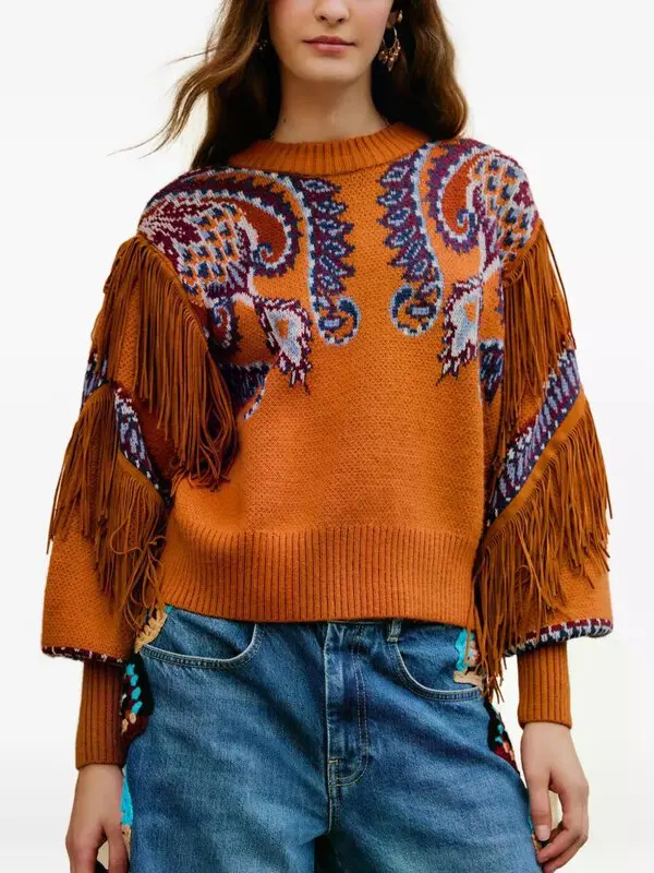 Farm Rio Fringed Patterned Sweater