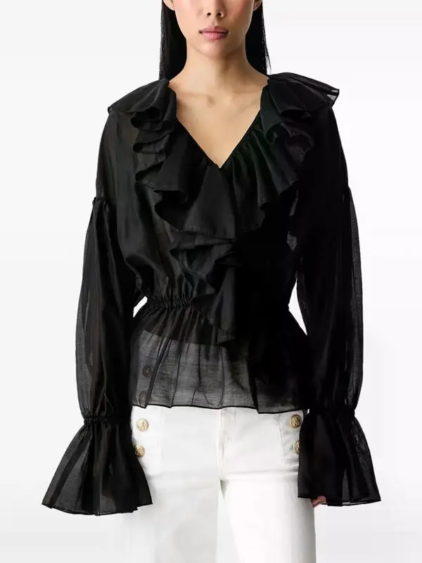 VICOLO Ruffled V-neck Blouse - Black
