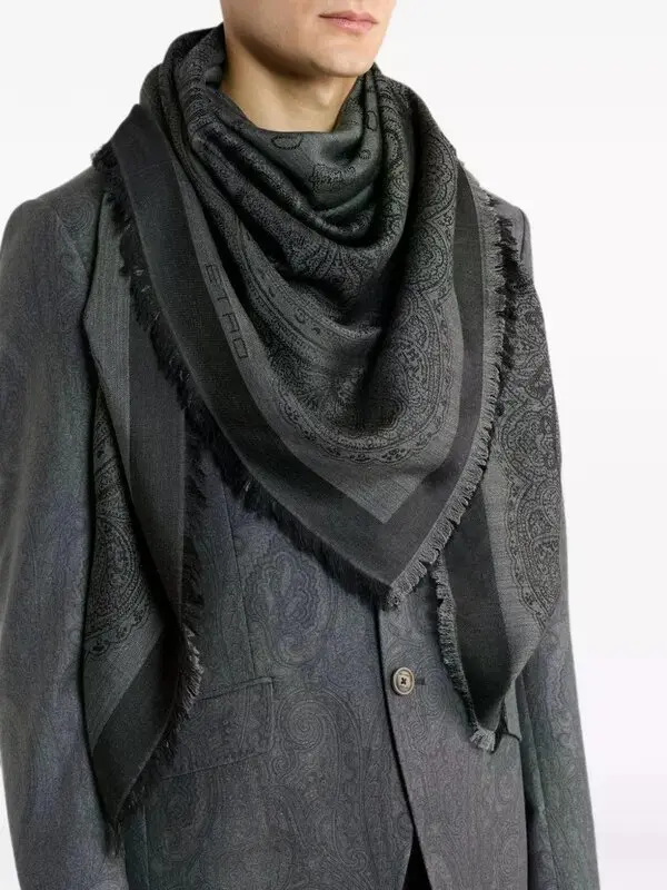 Etro Silk And Wool Jacquard Shawl With Tie Motif And Paisleys - Grey