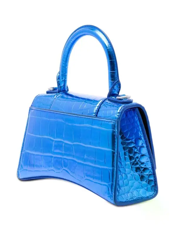 Balenciaga 2022 Metallic Calfskin Croc Embossed Hourglass Xs Satchel - Blue