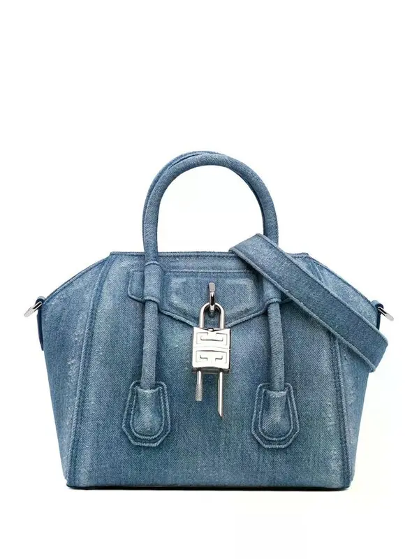 Givenchy 2024 Mini Denim Antigona Lock Bag Satchel - Blue