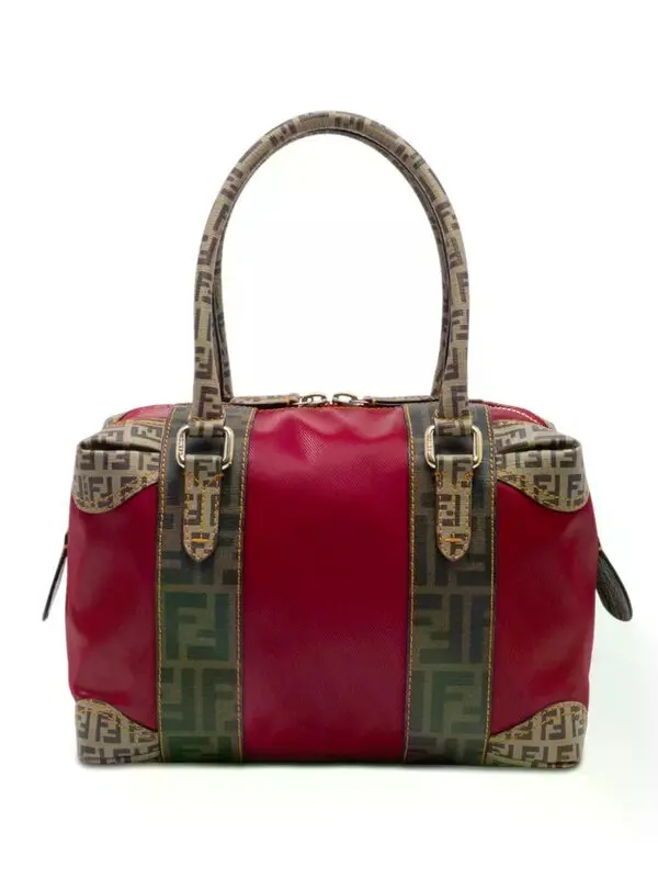 Fendi 2000-2010 Zucca Trimmed Coated Canvas Mixed Media Boston Bag - Red