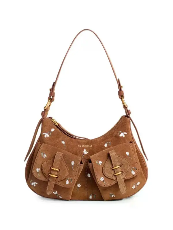 COCCINELLE Medium Mavery Flower-embroidered Suede Shoulder Bag - Brown