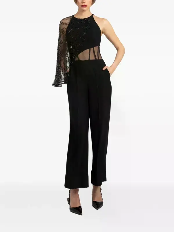 GEMY MAALOUF Bead-embellished Asymmetric-sleeve Jumpsuit - Black