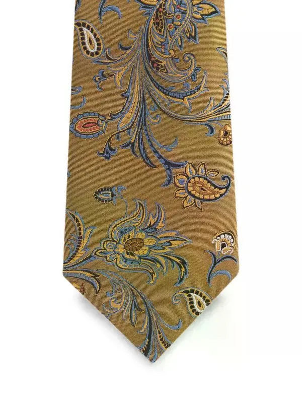 Etro Silk Jacquard Neck Tie With Floral Paisley Motif - Yellow