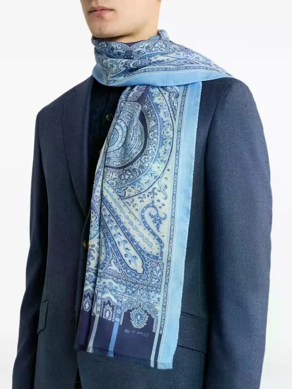 Etro Chevron Modal And Cashmere Scarf With Paisley Motif - Blue