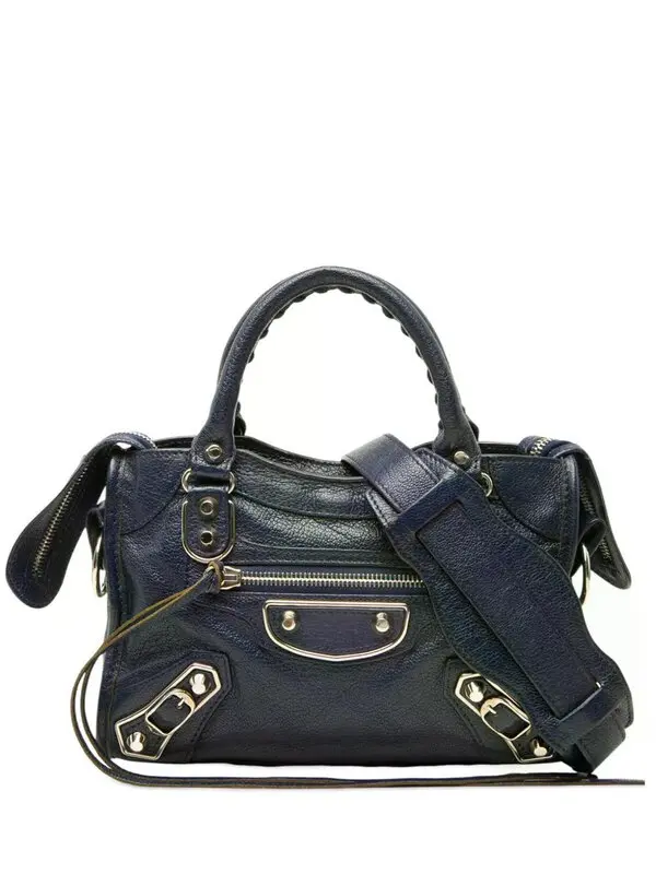 Balenciaga 2018 Mini Goatskin Motocross Classic Metallic Edge City Satchel - Blue