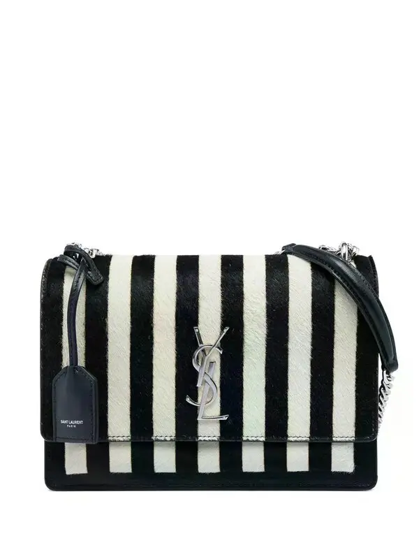 Saint Laurent 2019 Medium Striped Ponyhair And Calfskin Monogram Sunset Crossbody Bag - Black