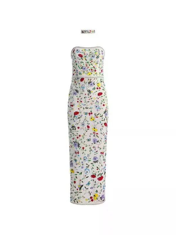 Alice + Olivia Georgie Bead-embellished Floral-print Strapless Sweetheart Neck Maxi Dress With Matching Choker - White
