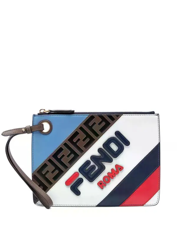 Fendi 2010-2026 Fila Mania Multicolor Zucca Embossed Leather Clutch Bag - Blue