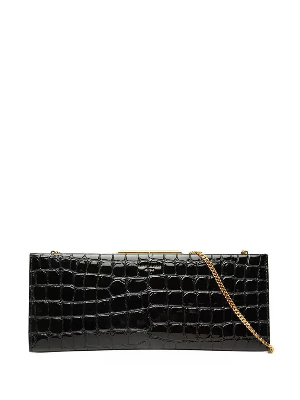 Saint Laurent 2021-2026 Croc Embossed Patent Midnight Clutch On Chain Shoulder Bag - Black