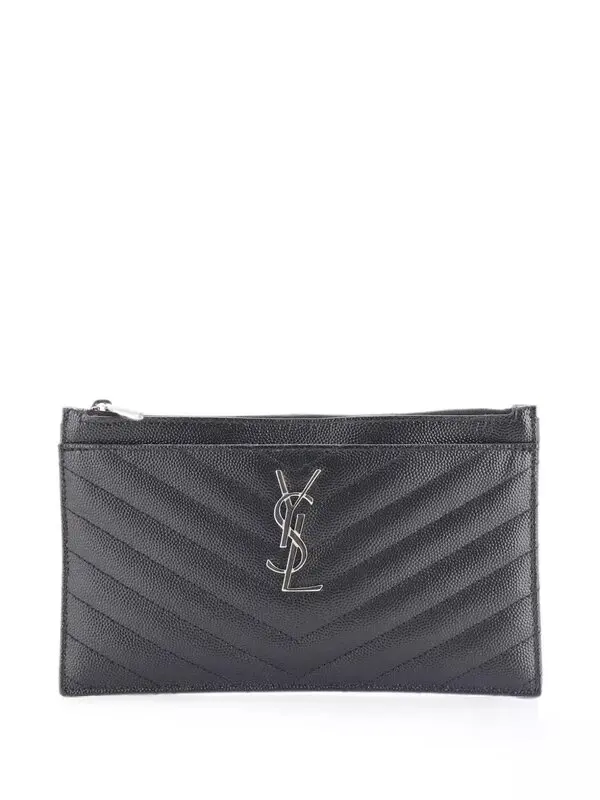 Saint Laurent Classic Monogram Zip Bill Matelasse Chevron Leather Medium Pouch - Black