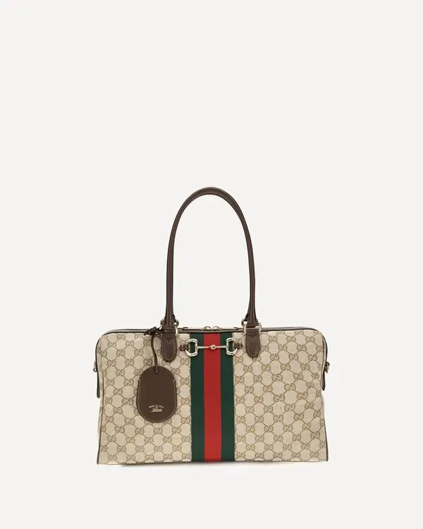 Gucci Large Horsebit Web Top Handle Bag - Beige