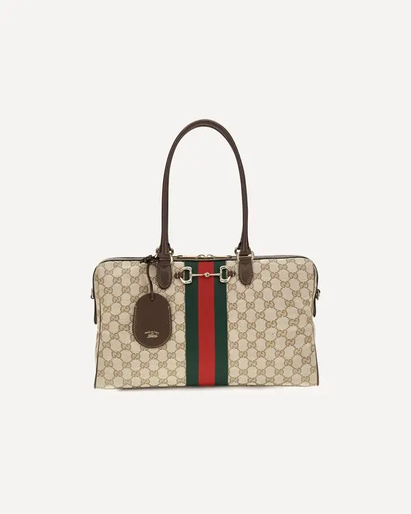 Gucci Large Horsebit Web Top Handle Bag - Beige