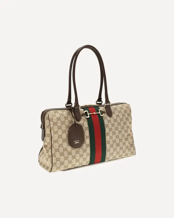 Gucci Large Horsebit Web Top Handle Bag - Beige
