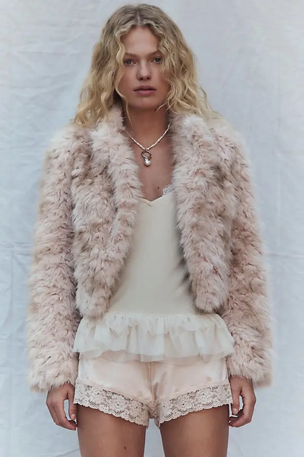 Free People Supernova Cropped Faux Fur Jacket - Ivory Combo