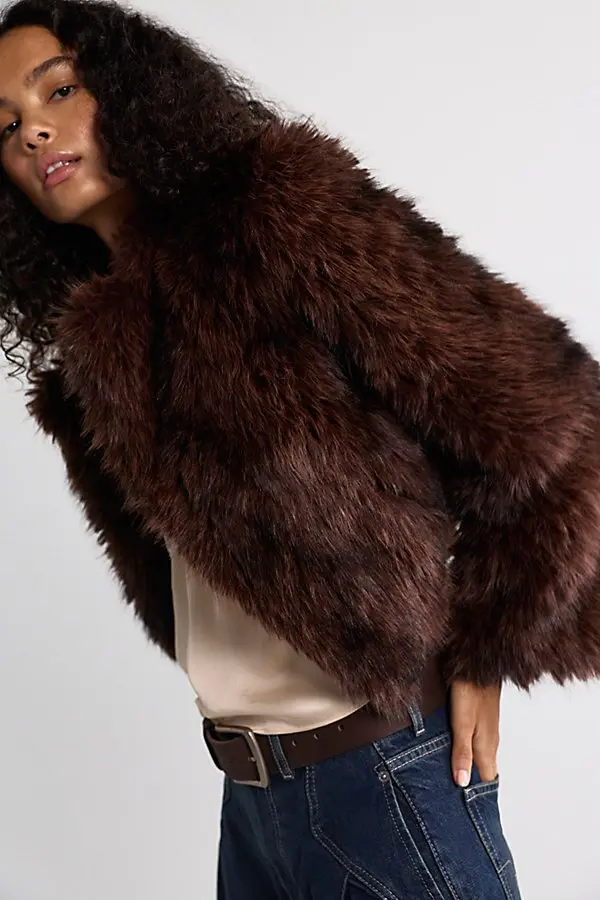 Free People Supernova Cropped Faux Fur Jacket - Mochaccino Combo