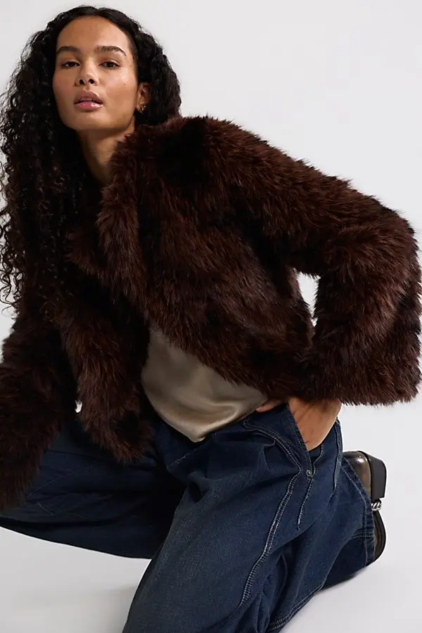 Free People Supernova Cropped Faux Fur Jacket - Mochaccino Combo