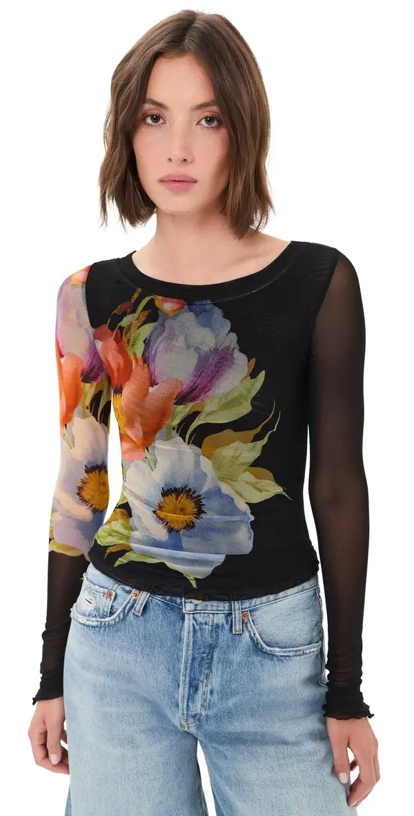 Free People Lilly Printed Long Sleeve Tee - Black Combo