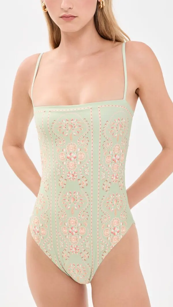 Agua Bendita Printed Embellished One Piece Swimsuit