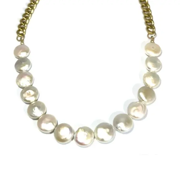 Rachel Nathan White / Gold / Neutrals Pearl Coin & Curb Necklace - White/gold