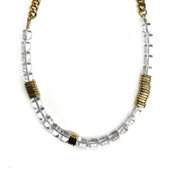 Rachel Nathan Neutrals / Rock Quartz Barrels & Brass Heishi Necklace - Gold
