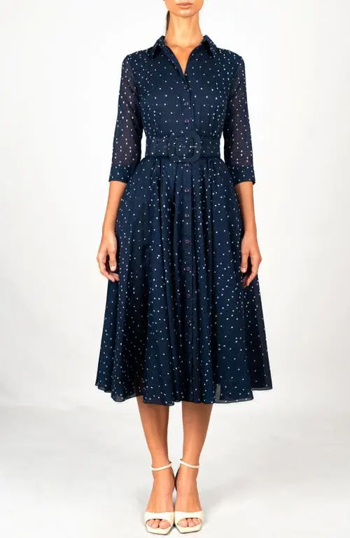 Samantha Sung Mini Dots A-line Belted Shirtdress - Navy
