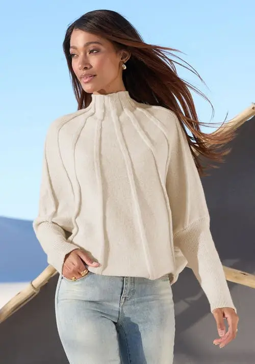 LASCANA Mock Neck Ribbed Sweater - Beige