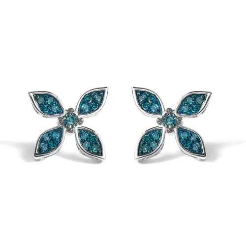 HAUS OF BRILLIANCE 925 Sterling 1/3 Cttw Blue Diamond Floral Earrings - Silver