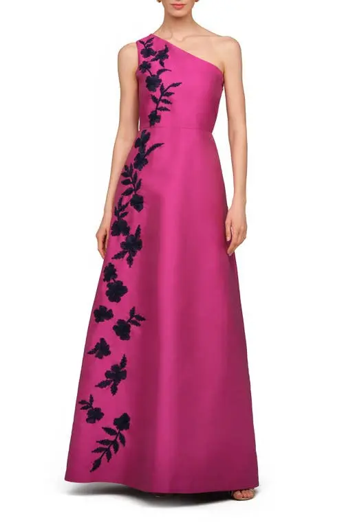 KAY UNGER Madelyn Embroidered One-shoulder Satin Gown - Aster