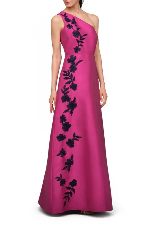 KAY UNGER Madelyn Embroidered One-shoulder Satin Gown
