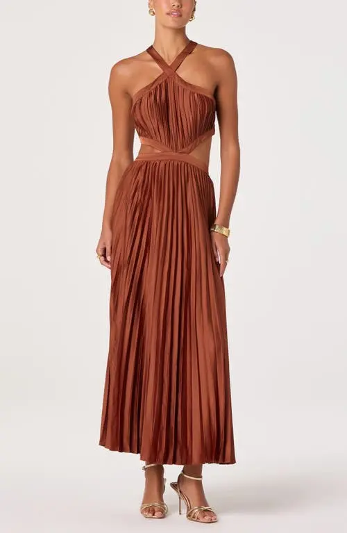 Astr The Label Vera Pleated Cutout Satin Maxi Dress