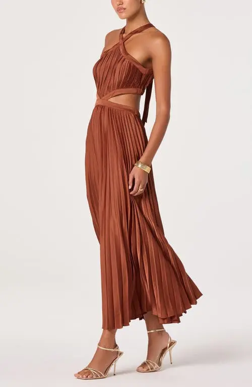 Astr The Label Vera Pleated Cutout Satin Maxi Dress