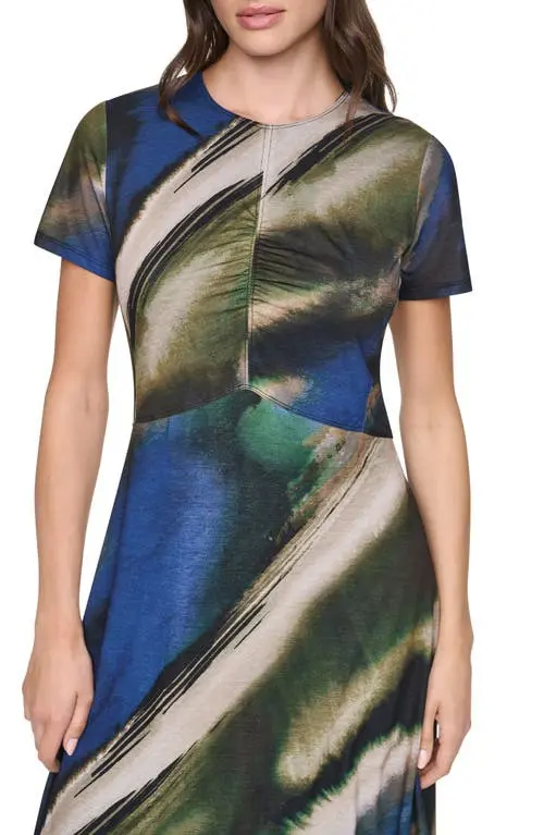 Dkny Ruched Front Print Midi Dress